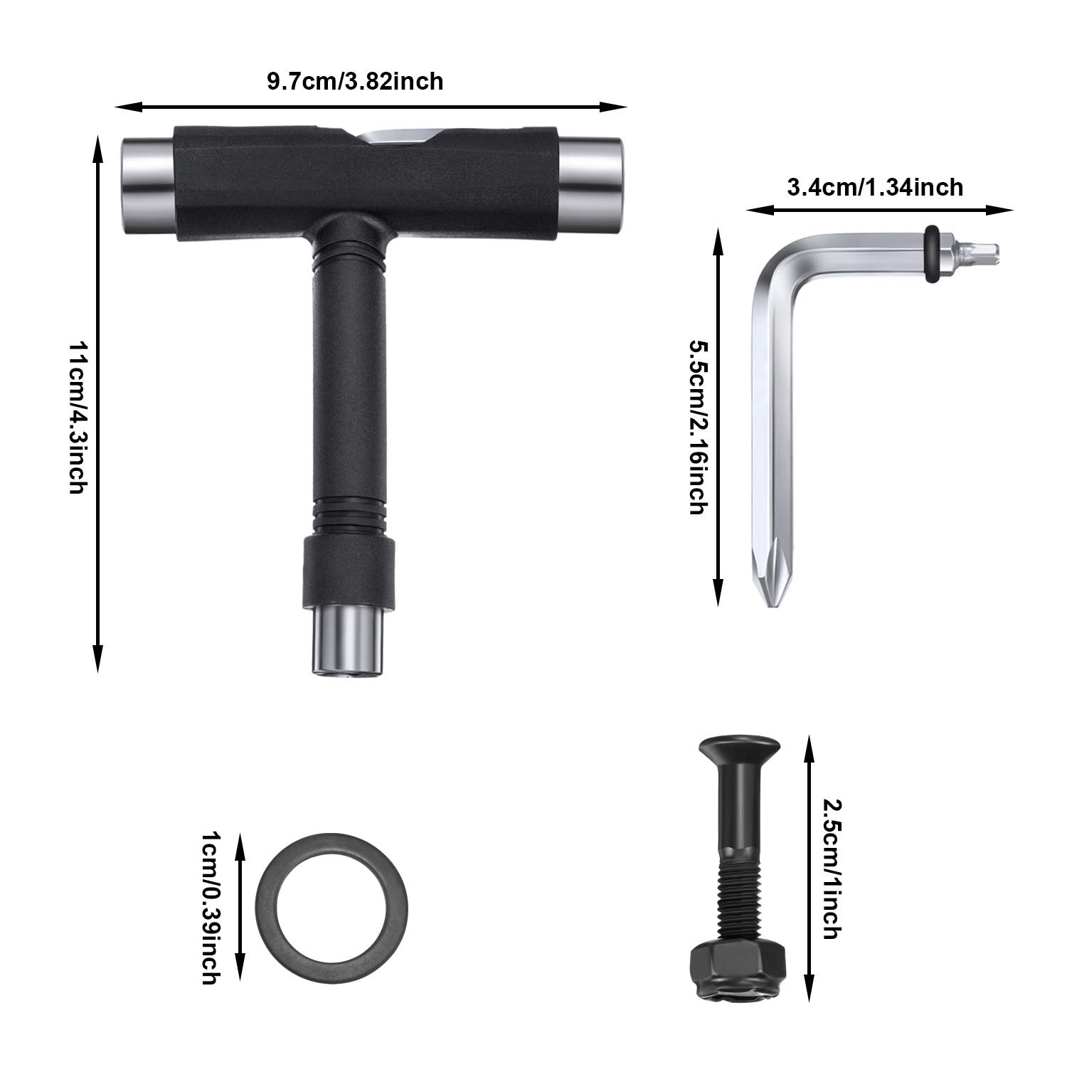37 Pieces Multifunctional Skateboard Tools Portable Skateboard Hardware Set Includes Skateboard Nuts and Mounting Bolts T Skateboard Tool Cross Screwdriver Head Washers for Most Skateboards