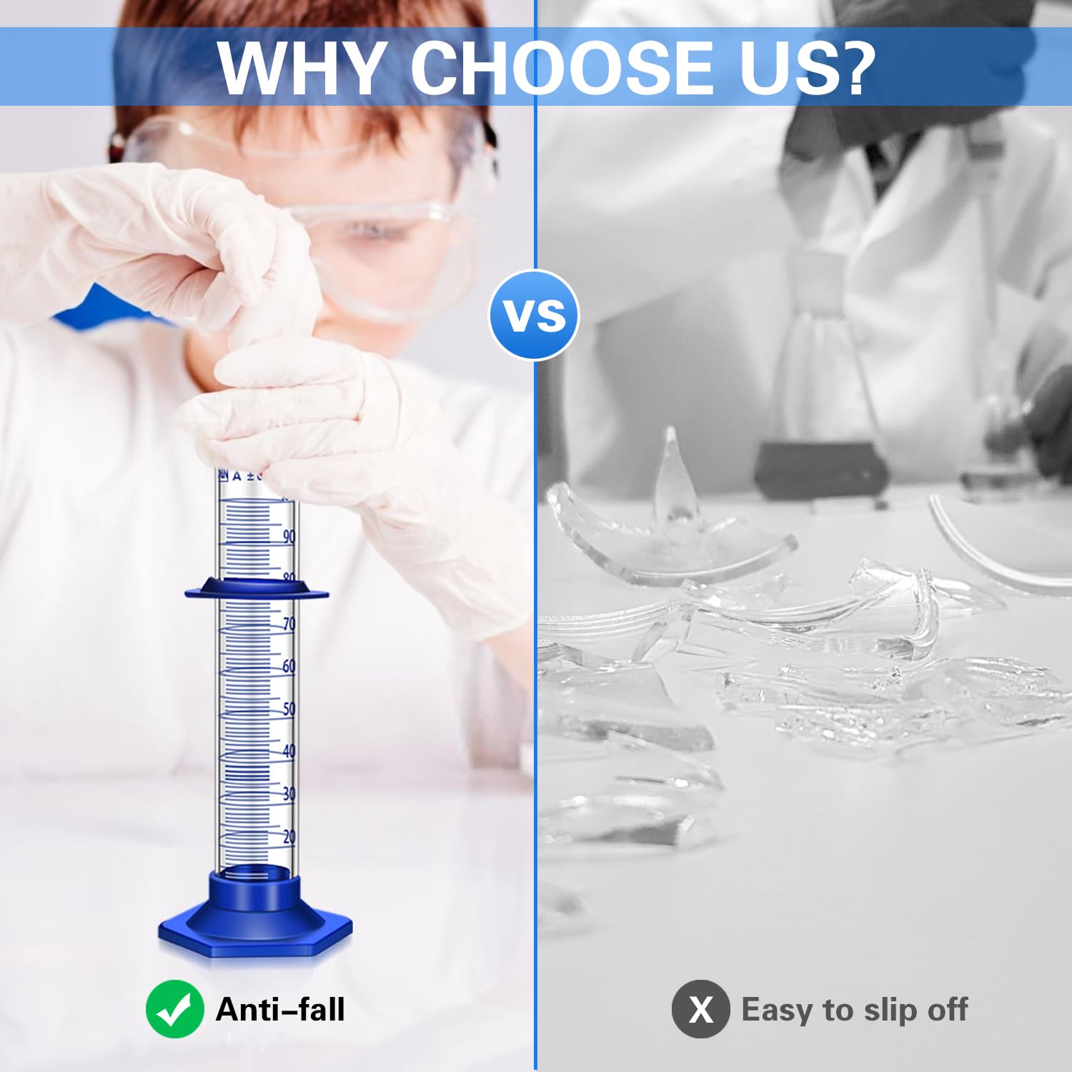 Thick Glass Graduated Cylinder Measuring Liquid Lab Cylinders with Anti-Falling Plastic Base and Bumper Guards and Cylinder Brush (Glass, 100ML)