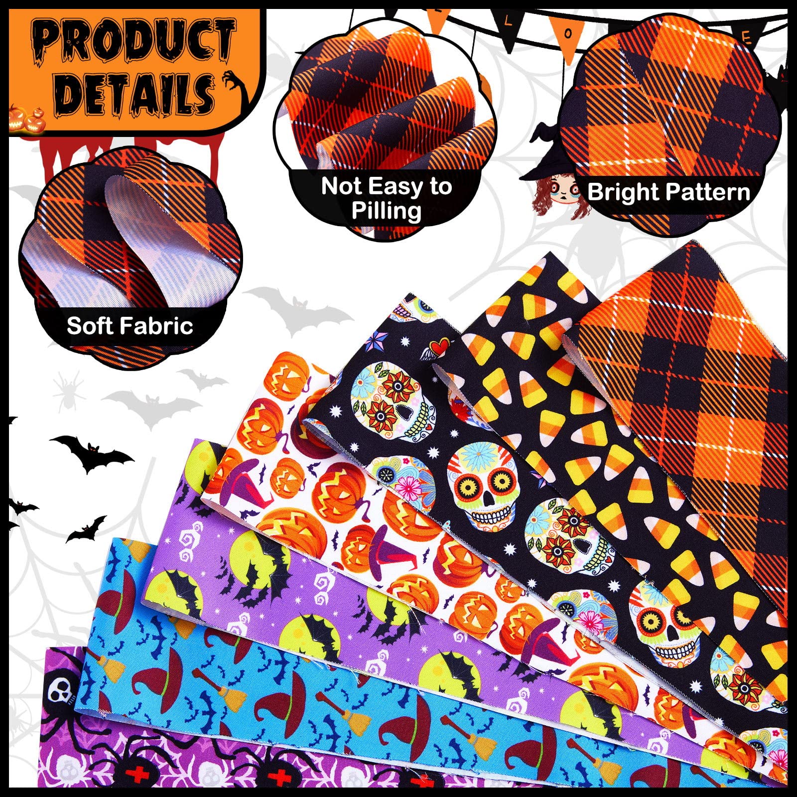 40 Pieces Halloween Jelly Roll Fabric 2.6 x 40" Pumpkin Ghost Pattern Pre-Cut Fabric Quilting Strips Roll up Patchwork Cotton Fabric for Halloween DIY Sewing Handmade, 8 Styles