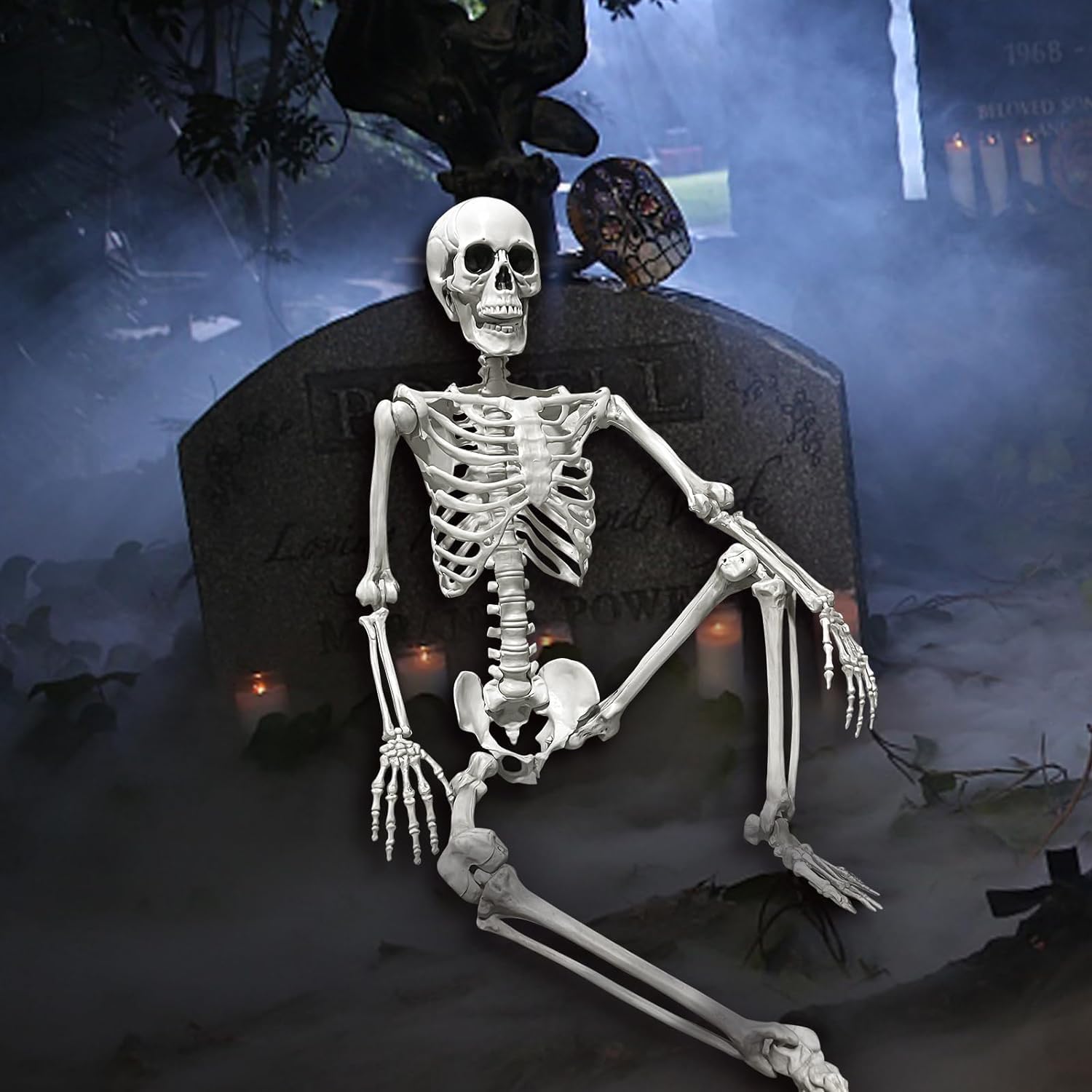 38" Posable Halloween Skeleton Decorations, Full Body Halloween Skeleton with Movable Joints for Haunted House Graveyard Props Indoor and Outdoor Decor