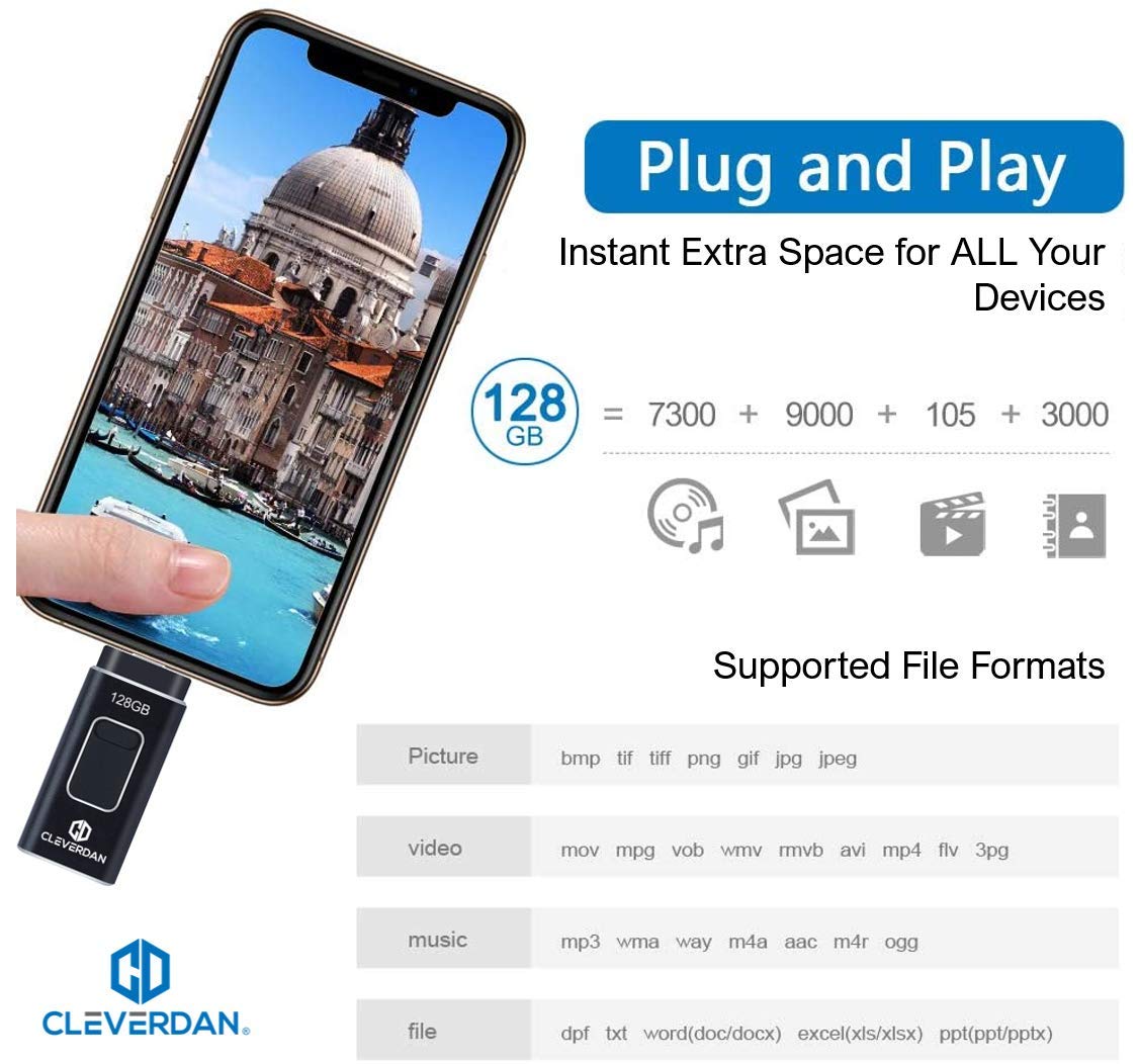 4-in-1 Android and iPhone 128GB Photo Stick USB 3.0 Flash Drive - Compatible with All Your Devices! iPhone iPad Samsung Pixel LG PC Mac (Easy Backup & External Storage + Certified iOS App) Cleverdan