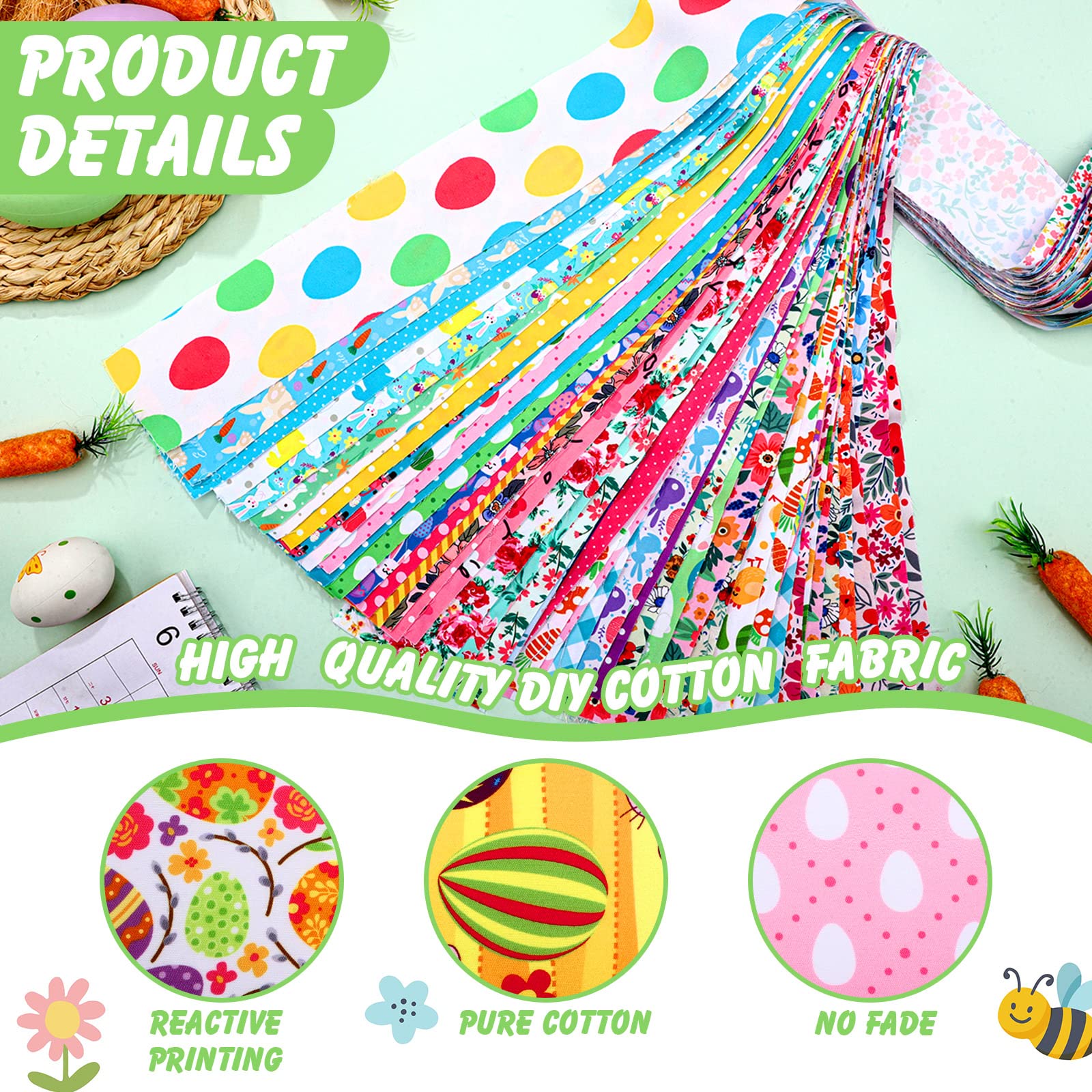 70 Pcs Spring Jelly Fabric Patchwork Roll, 2.55 Inch Easter Fabric Quilting Strips Roll up Jelly Fabric Patchwork Fabric Bundles for Holiday Quilters and Sewing DIY Crafts