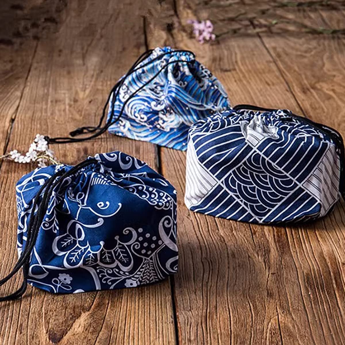 3PCS Lunch Tote Bag Japanese Style Drawstring Bento Pouch Portable Bento Storage Bag for Work Picnic or Travel, Blue