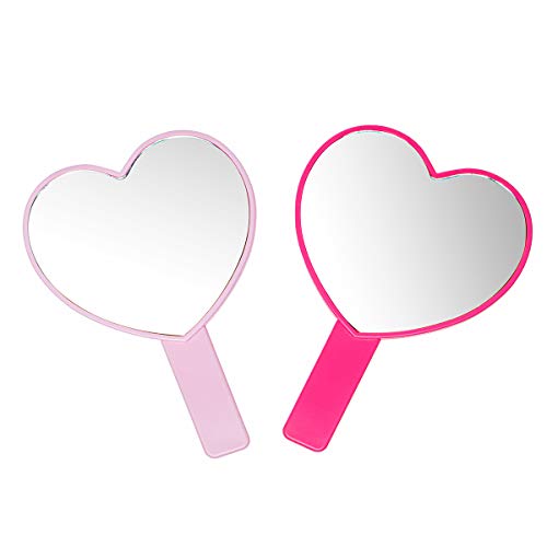 TOPYHL 2PCS Heart-Shaped Makeup Hand Mirror,Travel Handheld Mirror Portable Personal Cosmetic Mirror with Handle (Pink and Rose red)