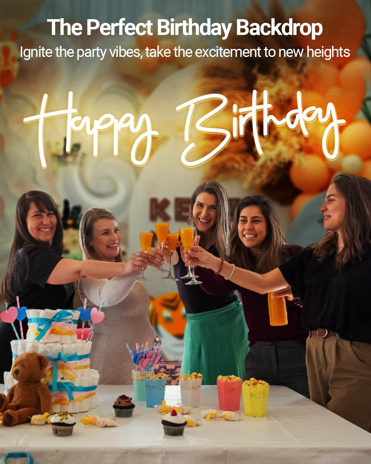 30x8 Inch Happy Birthday LED Neon Sign for Backdrop Decor, Happy Birthday Light Up Sign Adjustable with Stepless Dimmer, 12v Adapter and Hanging Chains for Birthday Party Decoration (Warm White)