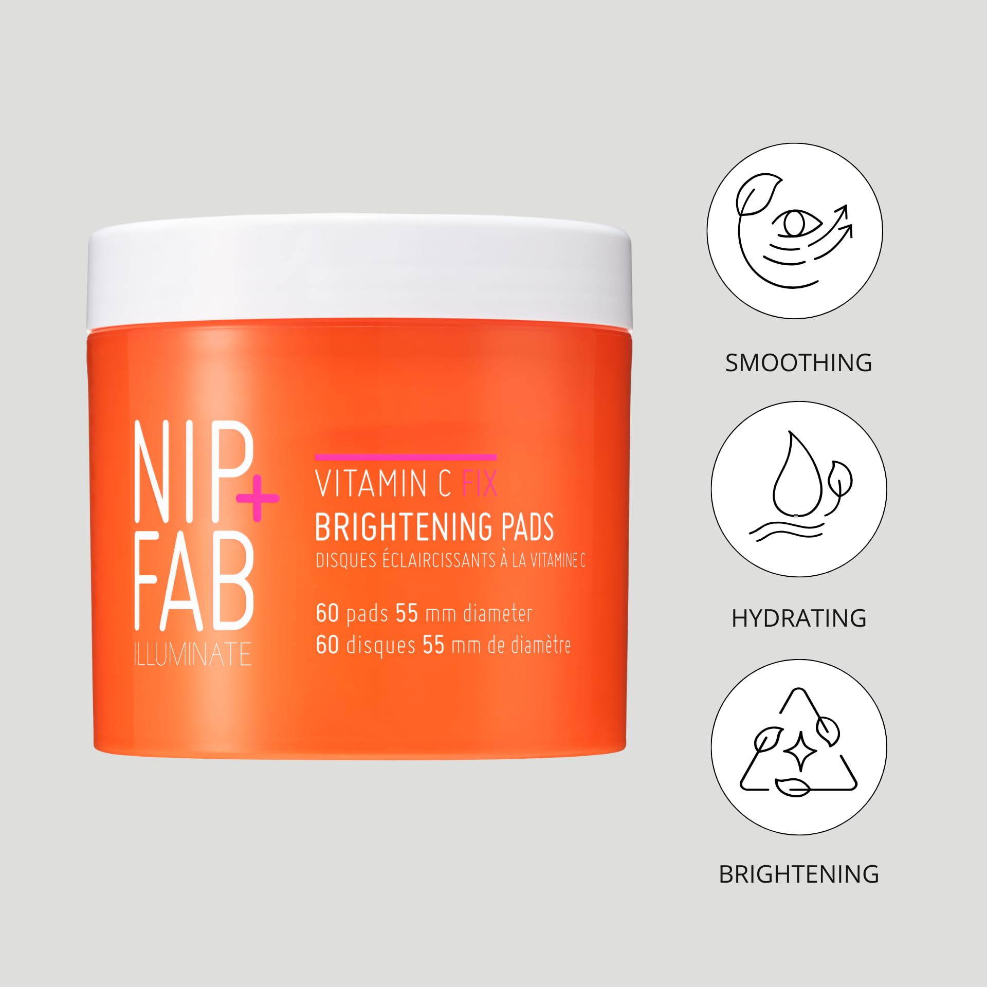 Nip + Fab Vitamin C Fix Brightening Pads for Face, Facial Pad with Anti-Aging Pomegranate and Coffee Seed Extract to Brighten Even Tone Skin, 60 Pads, 2.7 Ounce
