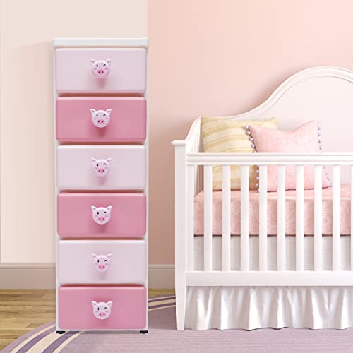 LOYALHEARTDY Plastic Drawers Dresser, 6 Drawers Dressers Chests with Wheels, Pink Storage Closet Cabinet Clothes Toys Snacks Organizer for Bedroom, Living Room, Playroom(Pink Pig Handle)