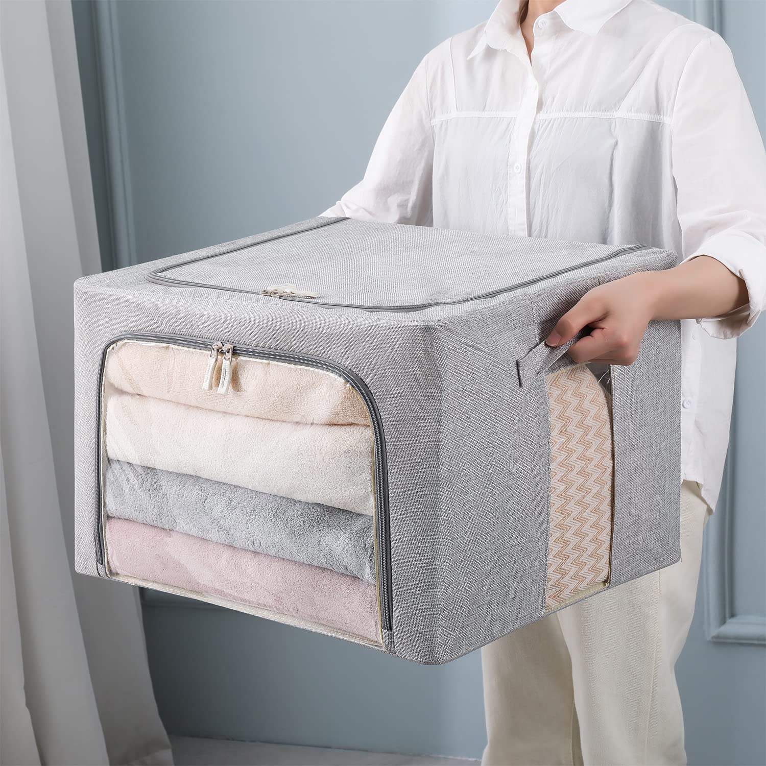 3Pack Foldable Storage Bins - Frame Storage Box Linen Fabric Stackable Clothes Container Organizer with Clear Window & Carry Handles Large Capacity (Large-66L, Light Grey)