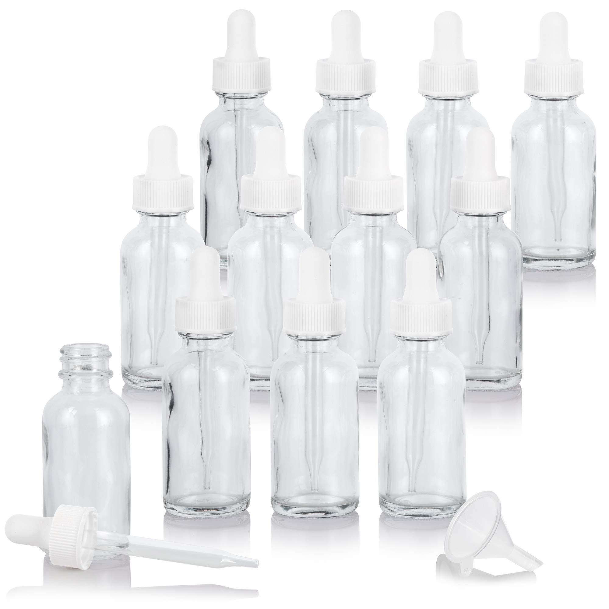 JUVITUS 1 oz / 30 ml Clear Glass Boston Round Bottle with White Dropper + Funnel (12 Pack)