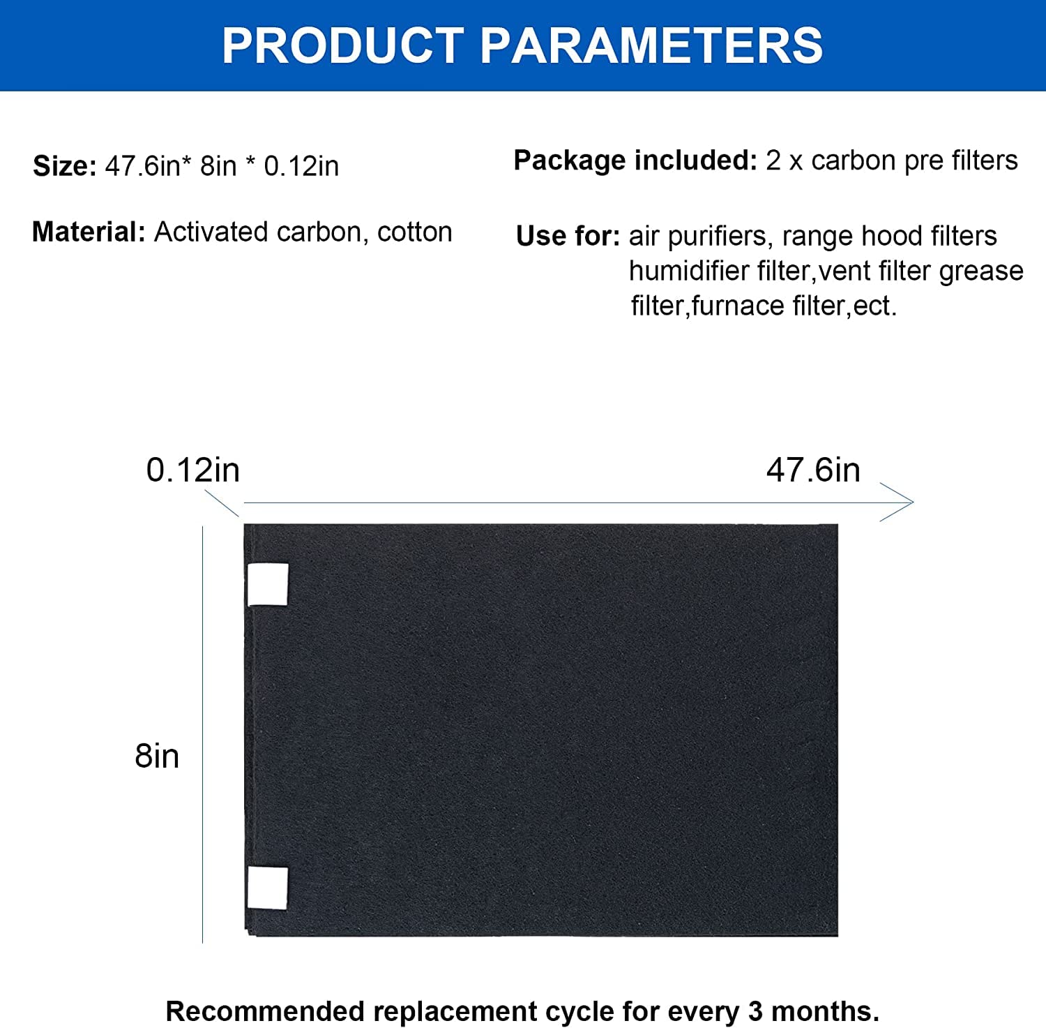 JASENG 2 Pack Carbon Pre Filter 48"x8" Cut to Fit Compatible with Honeywell Air Purifiers Universal Replacement Activated Charcoal Pad Air Filter fits Furnace Filters Trash Cans and Air Conditioner
