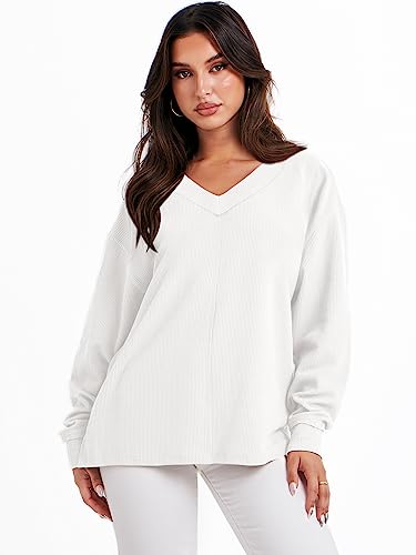 ANRABESS Women’s Casual Long Sleeve Sweatshirt V Neck Off Shoulder Shirt Loose Baggy Comfy Knit Pullover Sweaters Tunic Top 2023 Fall Clothes A1069baise-XL White