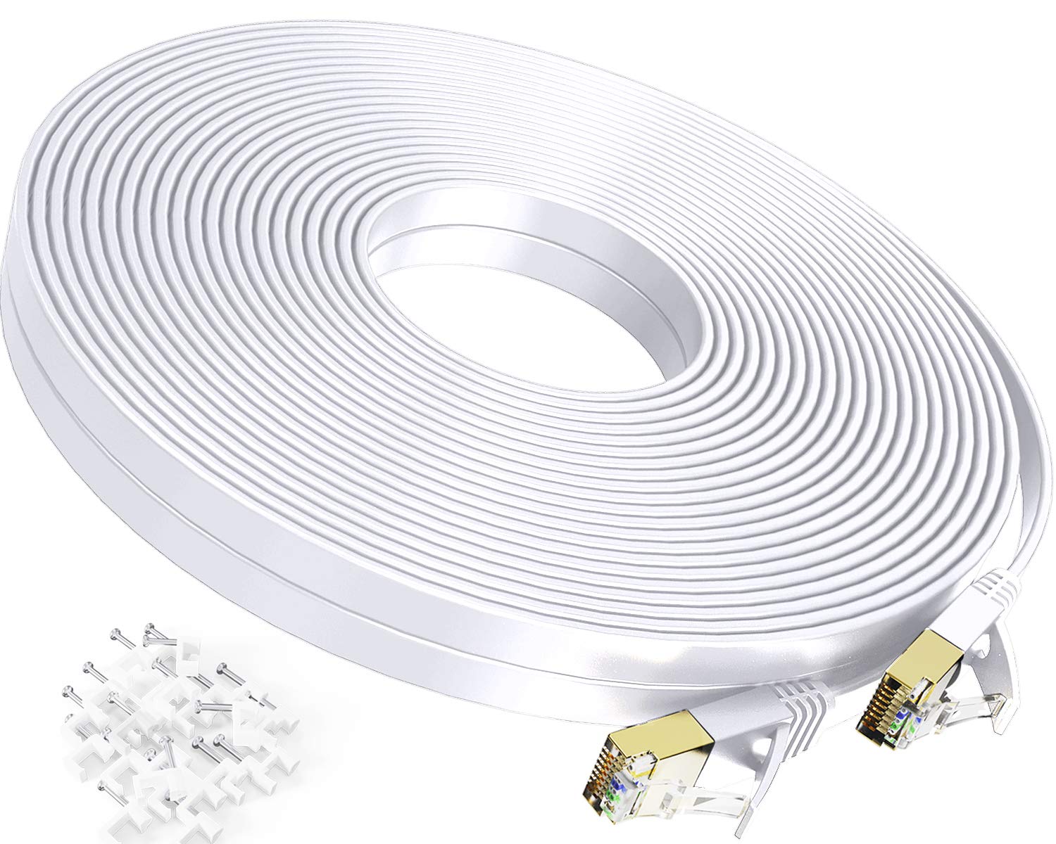 Lapsouno Cat7 Ethernet Cable 100 ft, Durable High Speed Flat Internet Network Computer Cord, Faster Than Cat6 Network, Slim Cat7 LAN Wire with Rj45 Connectors for Router Modem Xbox PS4 PS5-White