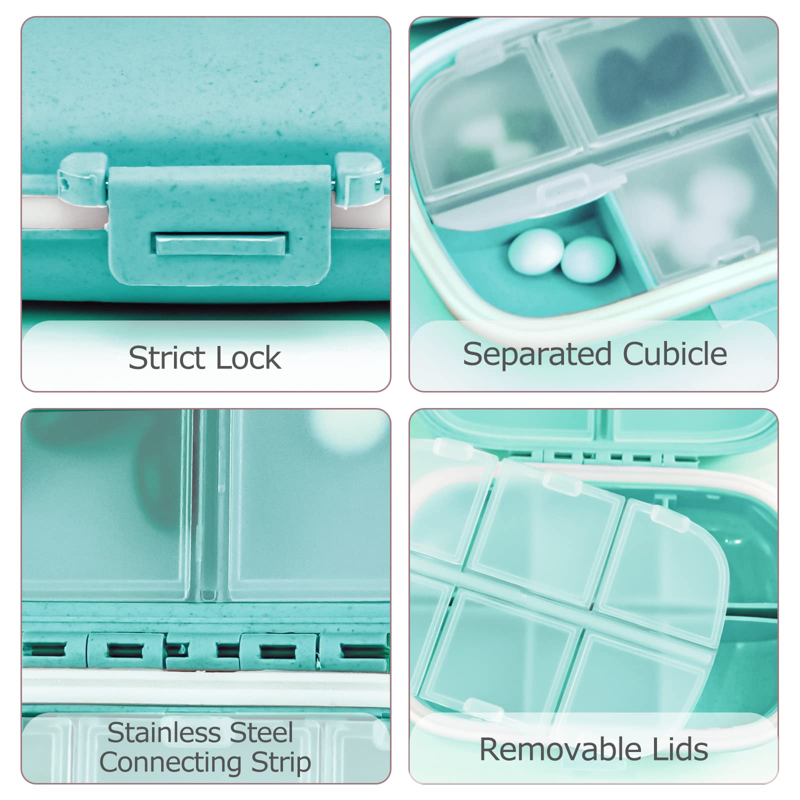 4PCS Travel Pill Organizer, 8 Compartments Portable Pill Case, Small Pill Box for Pocket Purse Portable Medicine Vitamin Container (Green+Blue+Pink+Beige)