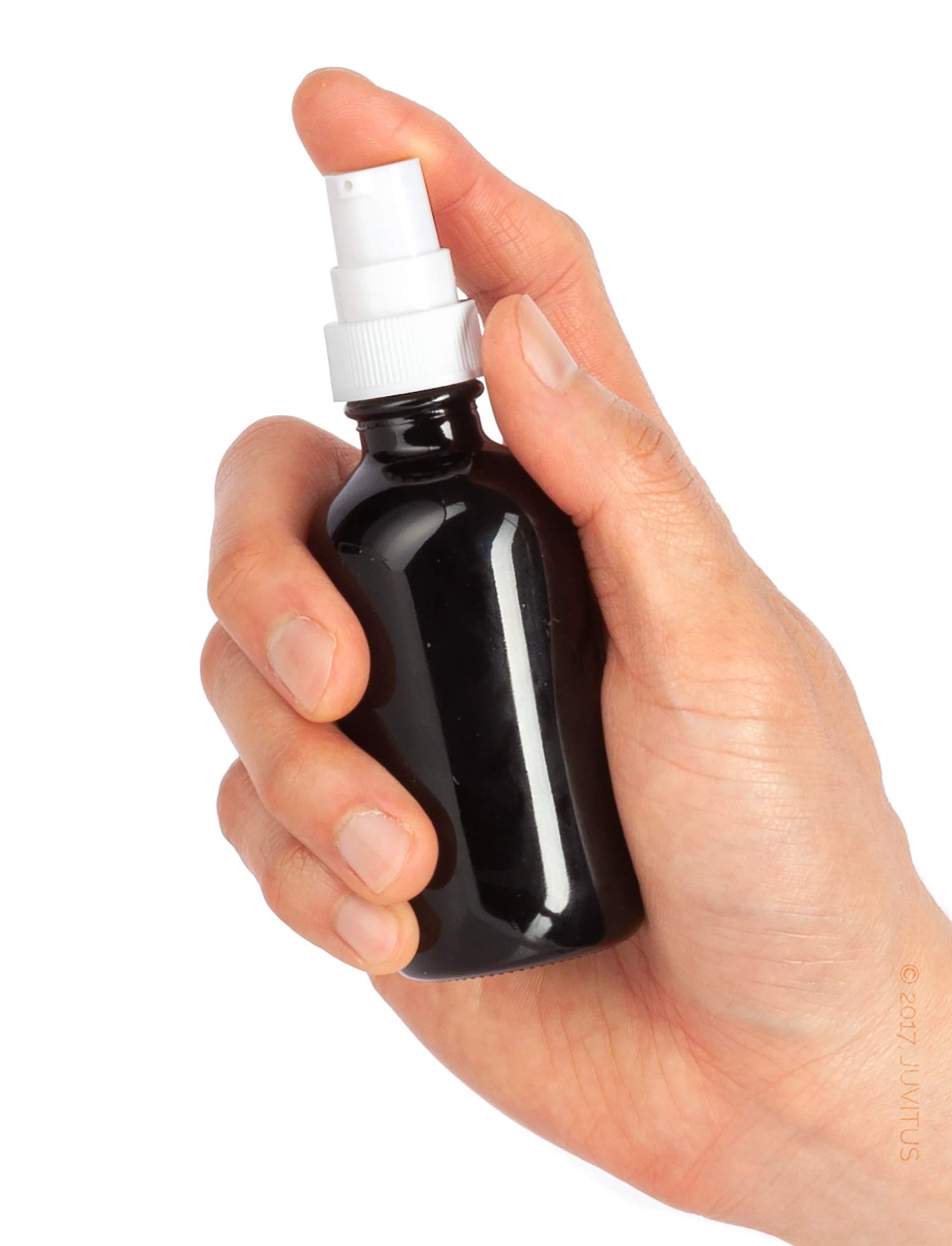 JUVITUS 2 oz Black Glass Luxury Boston Round Bottle White Treatment Pump (12 Pack) + Funnel