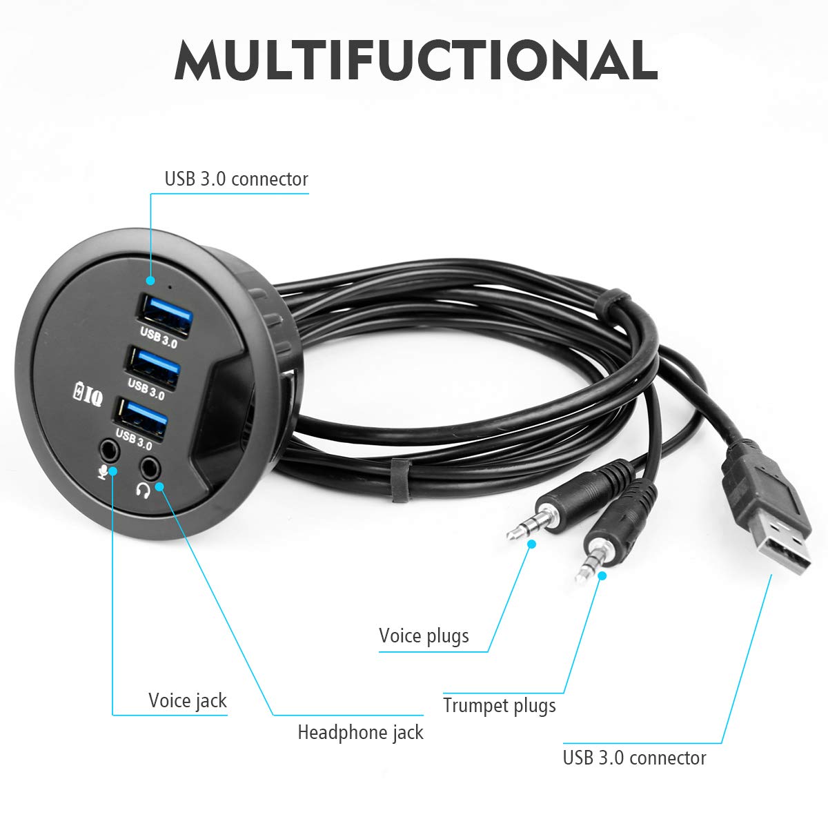WDX Grommet Hole in Desk USB 3.0 3 Port Hub BC 1.2 USB Charger with 3.5mm Sound Card Mic Phone Jack, 5V/2A Power Adapter for iPhone/Smart Phones(AC Power Supply Included)