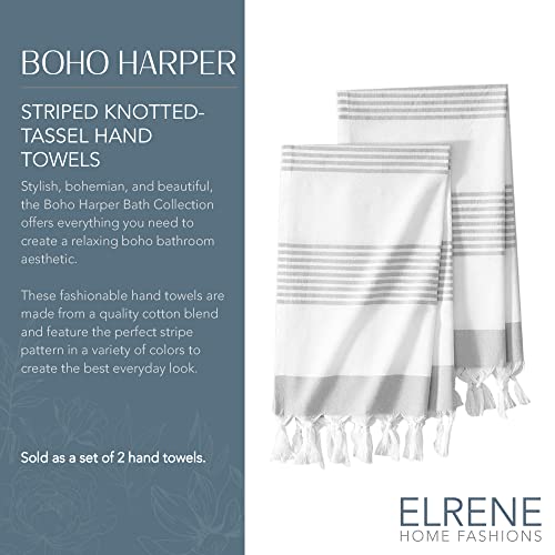 Elrene Home Fashions Boho Harper Stripe Knotted-Tassel Hand Towels, 16 Inches by 30 Inches, Set of 2,Cotton, Gray
