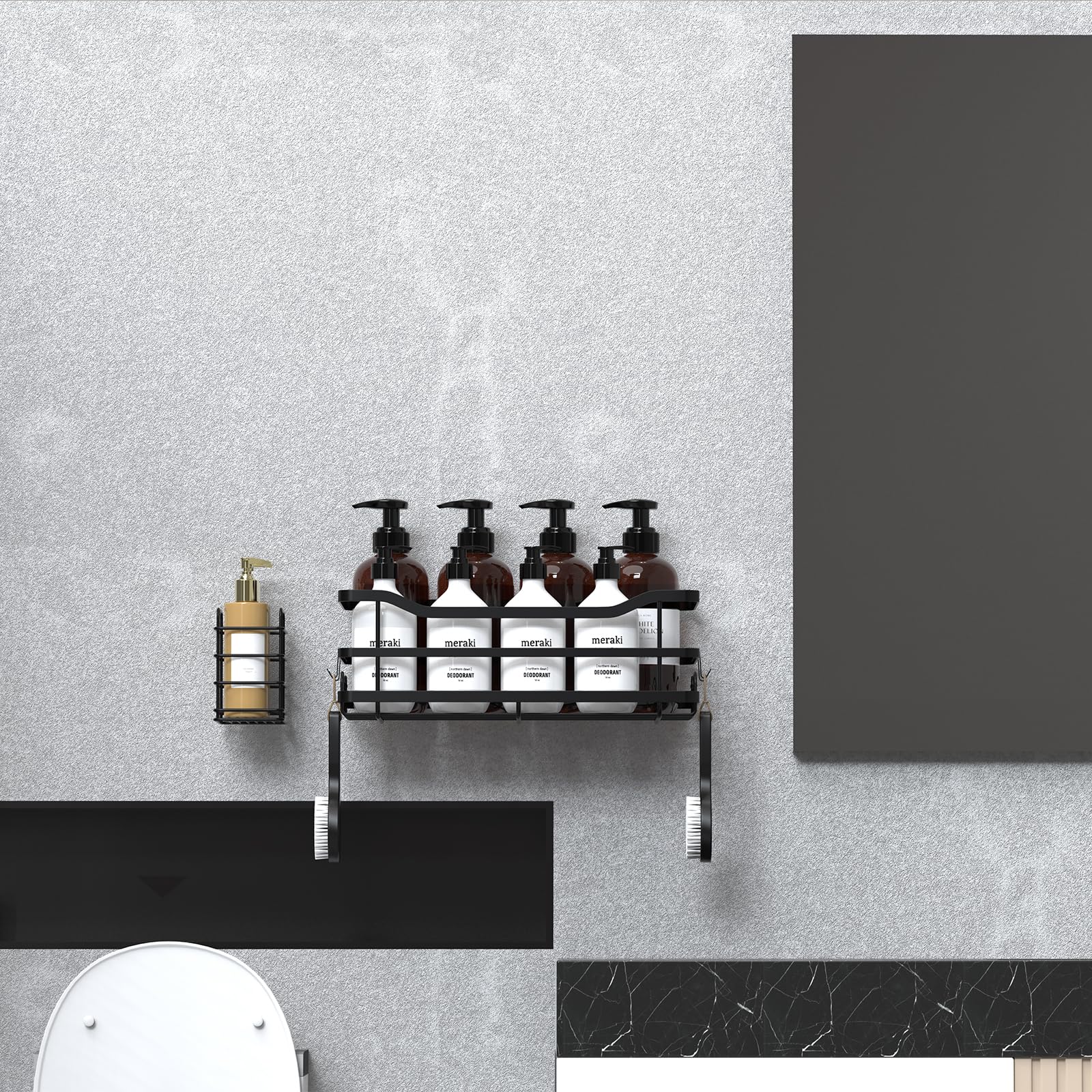 Prettidecor Shower Caddy 3 Pack-Self Adhesive Stainless Shower Shelves with Hooks No Drilling Shower Organizer Hanging Large Capacity Rustproof Bathroom Kitchen Storage Accessories-Black