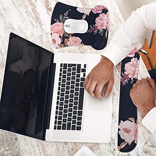 MOSISO Wrist Rest Support for Mouse Pad & Keyboard Set, Peony Ergonomic Mousepad Non-Slip Base Home/Office Pain Relief & Easy Typing Cushion with Neoprene Cloth & Raised Memory Foam, Black