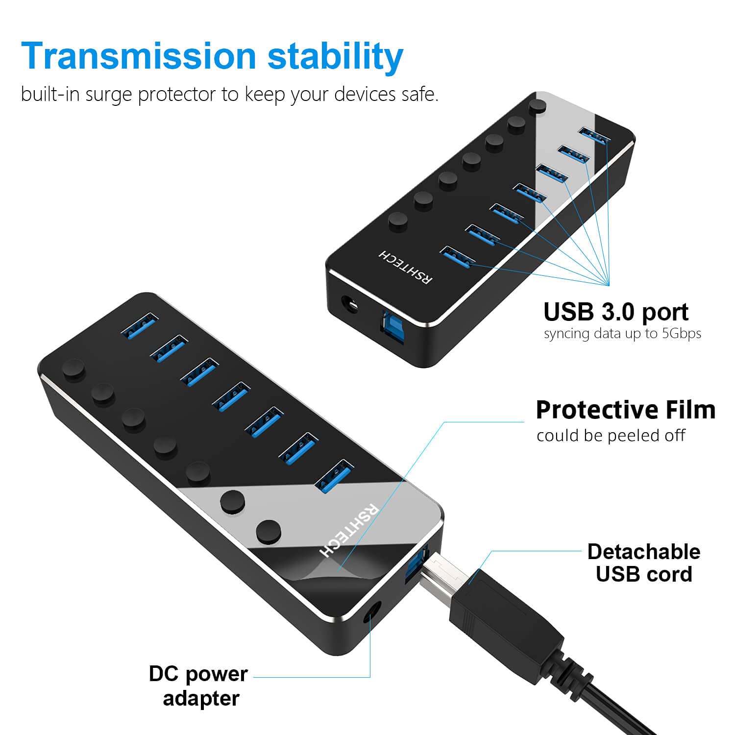 USB 3.0 Hub, RSHTECH 7 Port Powered USB Hub Expander Aluminum USB 3.0 Data Port hub with Universal 5V AC Adapter and Individual On/Off Switches USB Splitter for Laptop and PC(Black)
