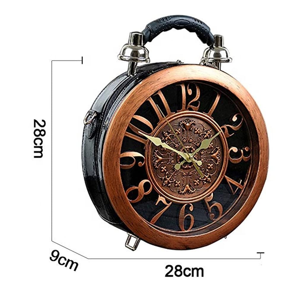 Alarm Clock Handbag Real Working Women Fashion Diagonal Shoulder Bag Leather Vintage Clock Round Box Personalized SteamPunk Style Messenger bag (A)