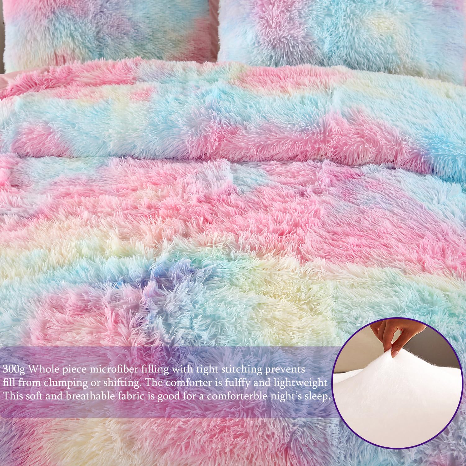 WINLIFE Faux Fur Comforter Set Twin Size for Girls Bedding Plush Shaggy Comforter Sets Gradient Ombre Tie Dye Bed Set Fuzzy Furry Long Hair Fluffy Comforter (3Pcs, Twin, Rainbow)