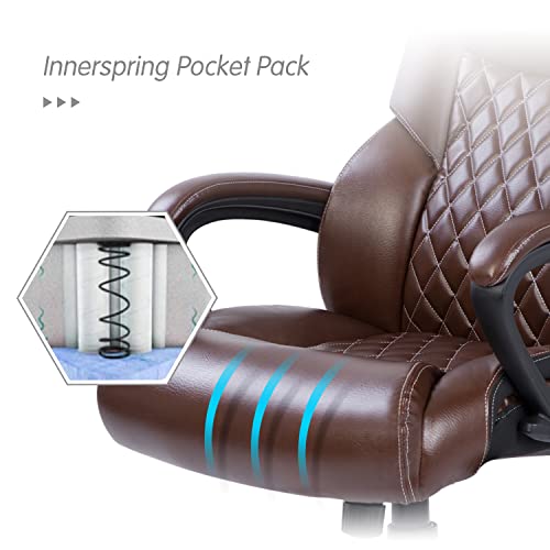 Executive Office Chair 350lbs - Adjustable Built-in Lumbar Support, Leather Office Chair with Spring Cushion, Computer Desk Chair with Padded Armrest, 360° Swivel Chair for Home and Office (Brown)