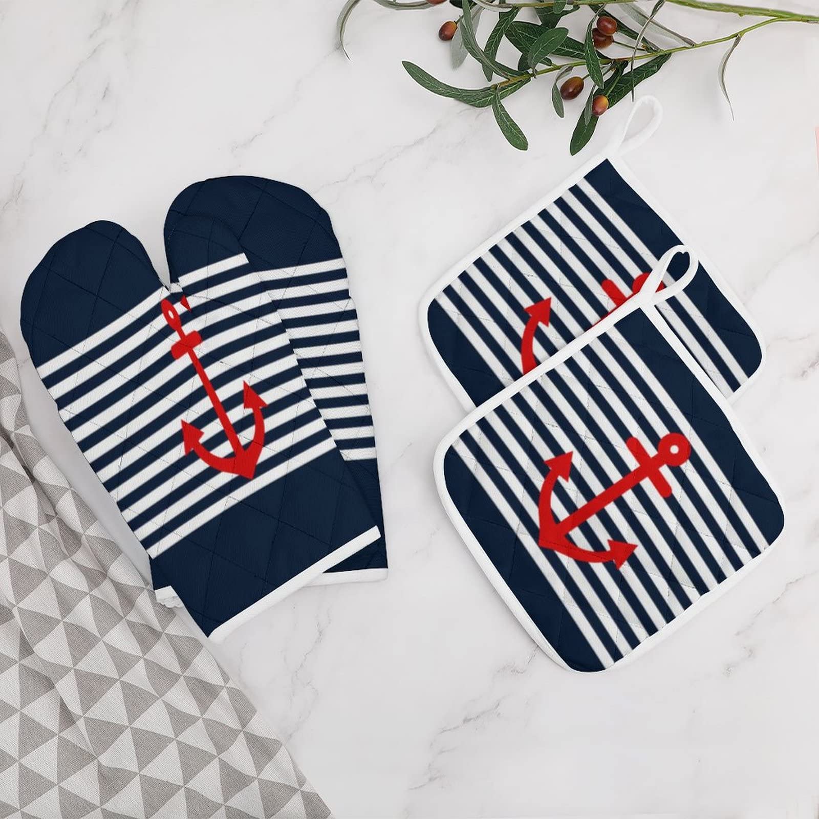 4PCS Oven Mitts Glove Kitchen Heat Resistant Pot Holders Set Navy Blue Nautical Kitchen Microwave Oven Gloves Mitts Anti-Scald Baking Cooking Gloves