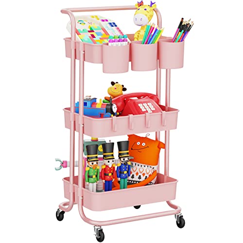 3-Tier Rolling Mobile Utility Cart with Hanging Cups & Hooks & Handle Multifunctional Organizer Storage Trolley Service Cart with Wheels Easy Assembly for Office, Bathroom, Kitchen(Pink)