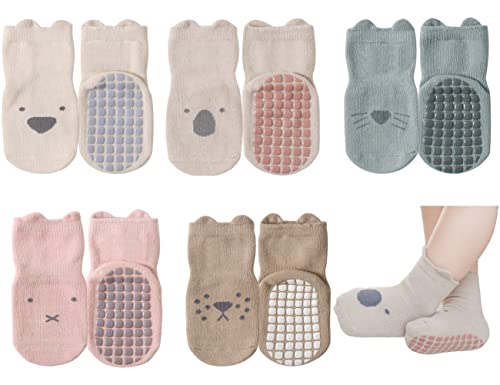 Exegawe Toddler Non Slip Socks, Cute Baby Socks with Grips Crew Socks 5 Pairs(S/6-12m)