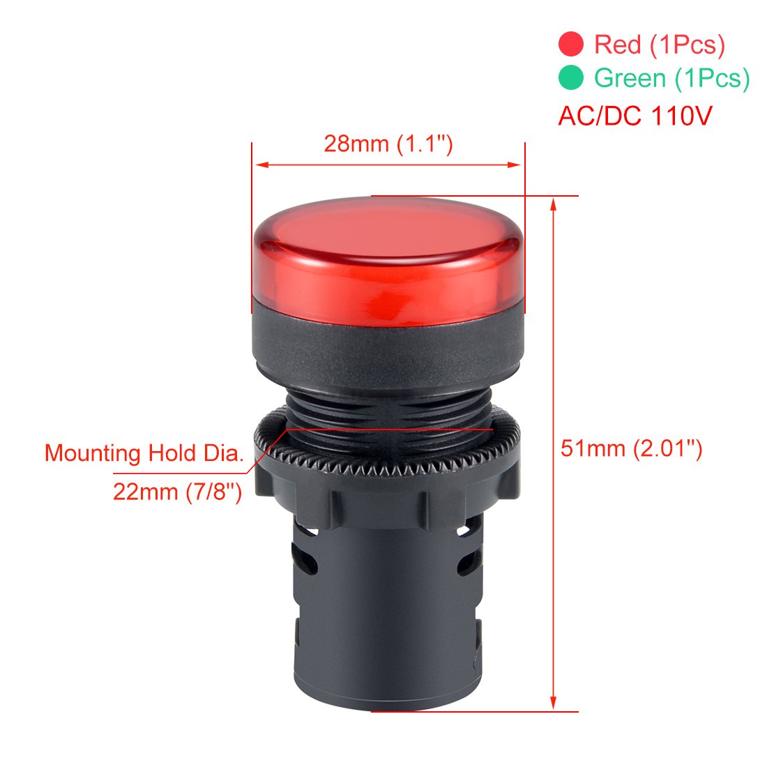 uxcell 2Pcs Red Green Indicator Light AC/DC 110V, 22mm Panel Mount, for Electrical Control Panel, HVAC, DIY Projects