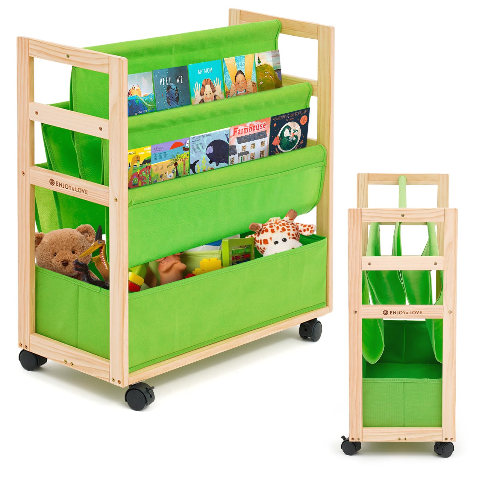 Jomifin Rolling Bookshelf with Toys Storage Bins, Kids Sling Book Shelf with Wheels Large Capacity for Kids Bedroom Playroom - Double Sided