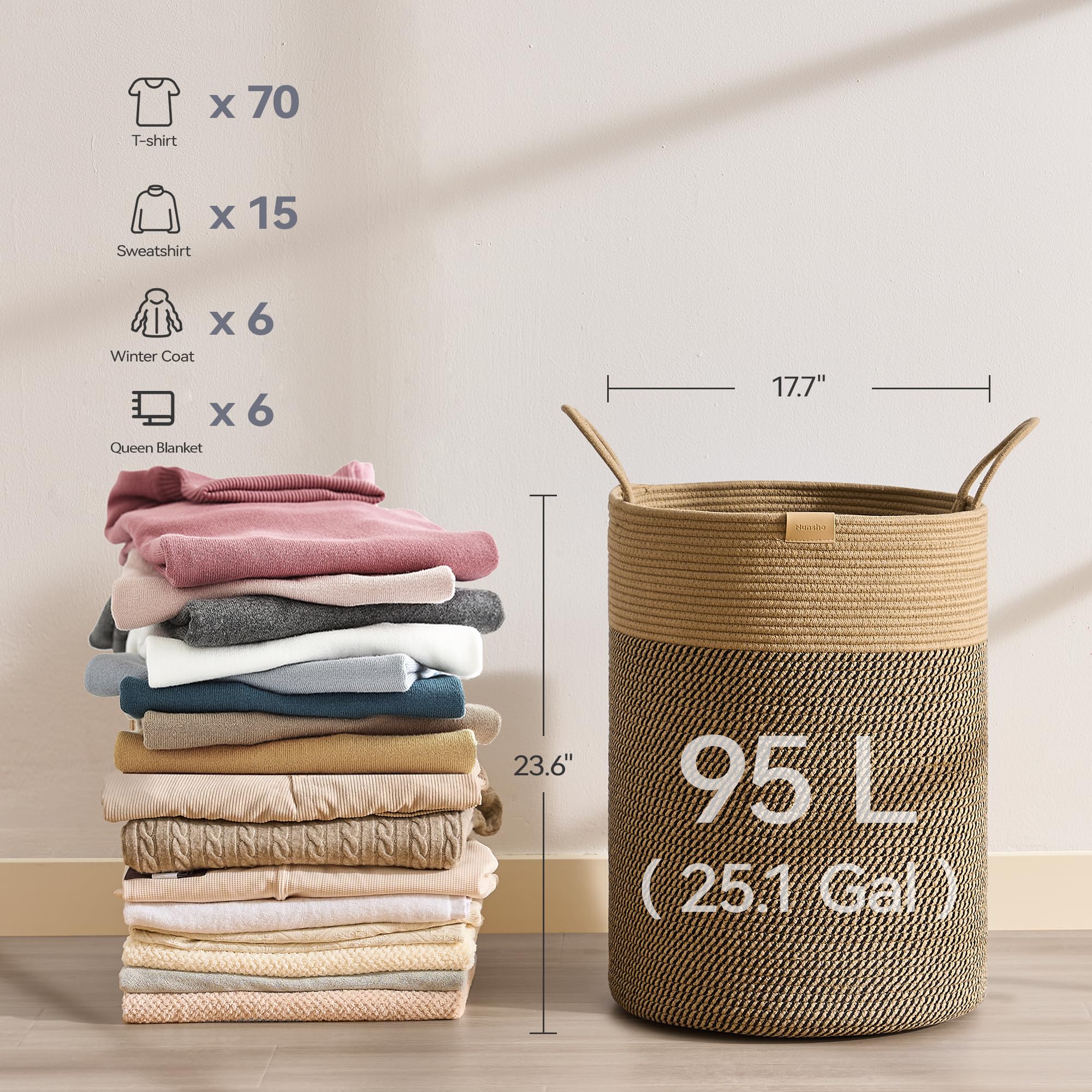 Nunsino 95L Laundry Hamper Basket,Baby Nursery Woven Storage Basket for Toys Bin,Pillows,Blankets,Clothes,Dark&Brown