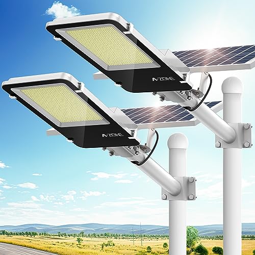 A-ZONE 1200W Solar Street Lights Outdoor, 100000LM High Brightness Dusk to Dawn LED Lamp, with Remote Control, IP66 Waterproof for Parking Lot, Yard, Garden, Patio, Stadium, Plaza-2pcs
