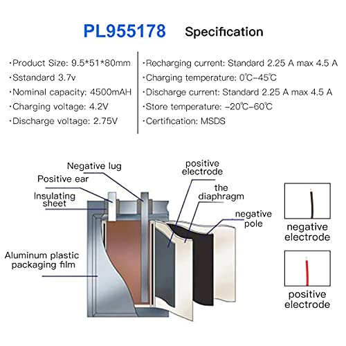 YTKavq 3.7v 4500mah 955178 Lithium Polymer Ion Battery Rechargeable Lipo Battery with PH 2.0mm Pitch Connector