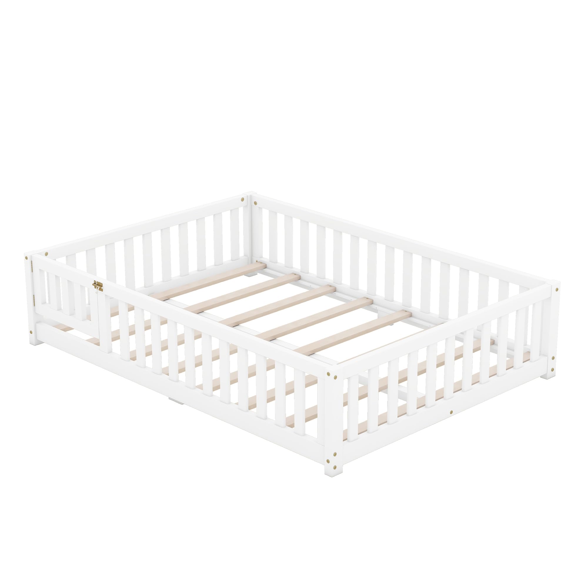 HomSof Full Size Bed Floor Bed with Safety Guardrails and Door for Kids,77.6''L x 55.9''W x 17.5''H, White