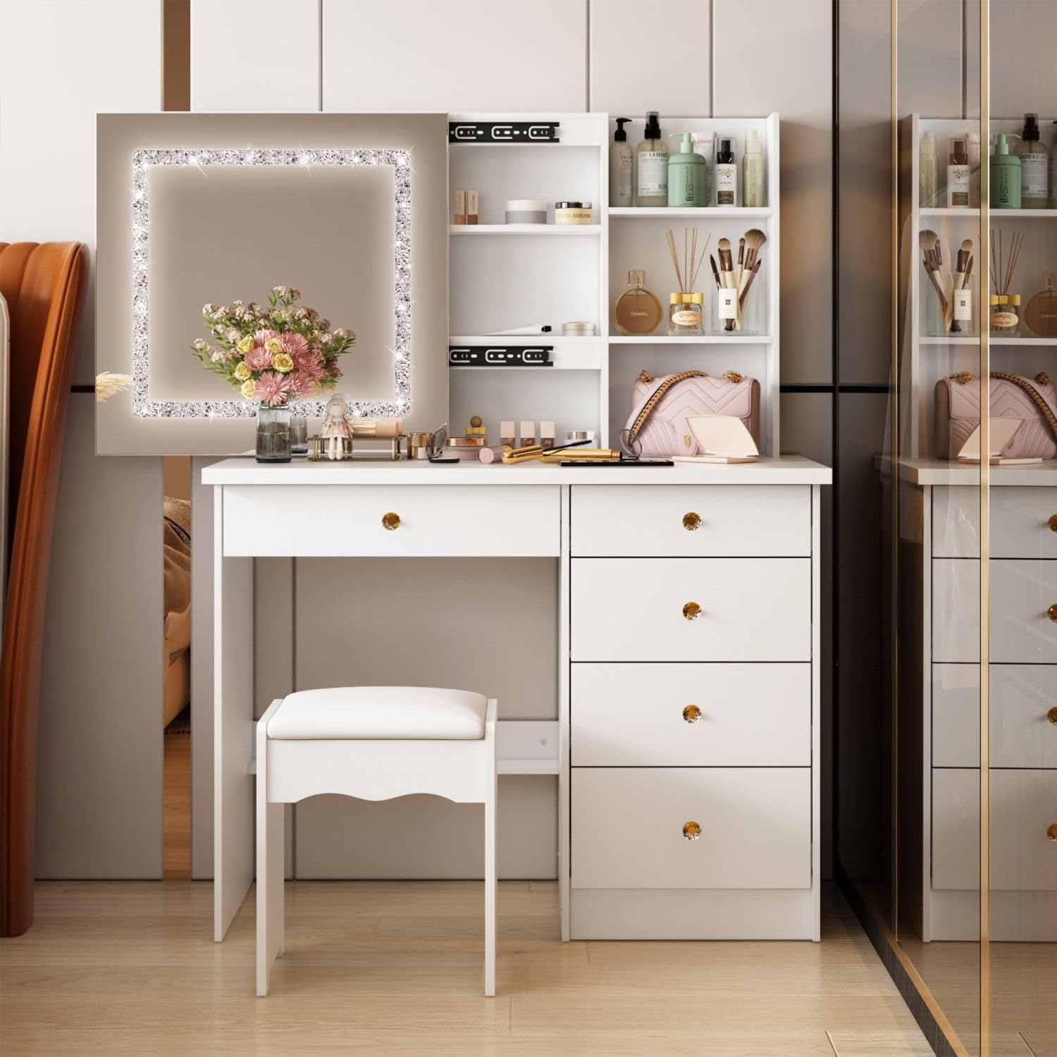 FAMAPY Makeup Vanity with Drawers, Vanity with Sliding Mirror, Vanity Desk with Storage Shelves, Cushion Stool, for Bedroom White and Grey