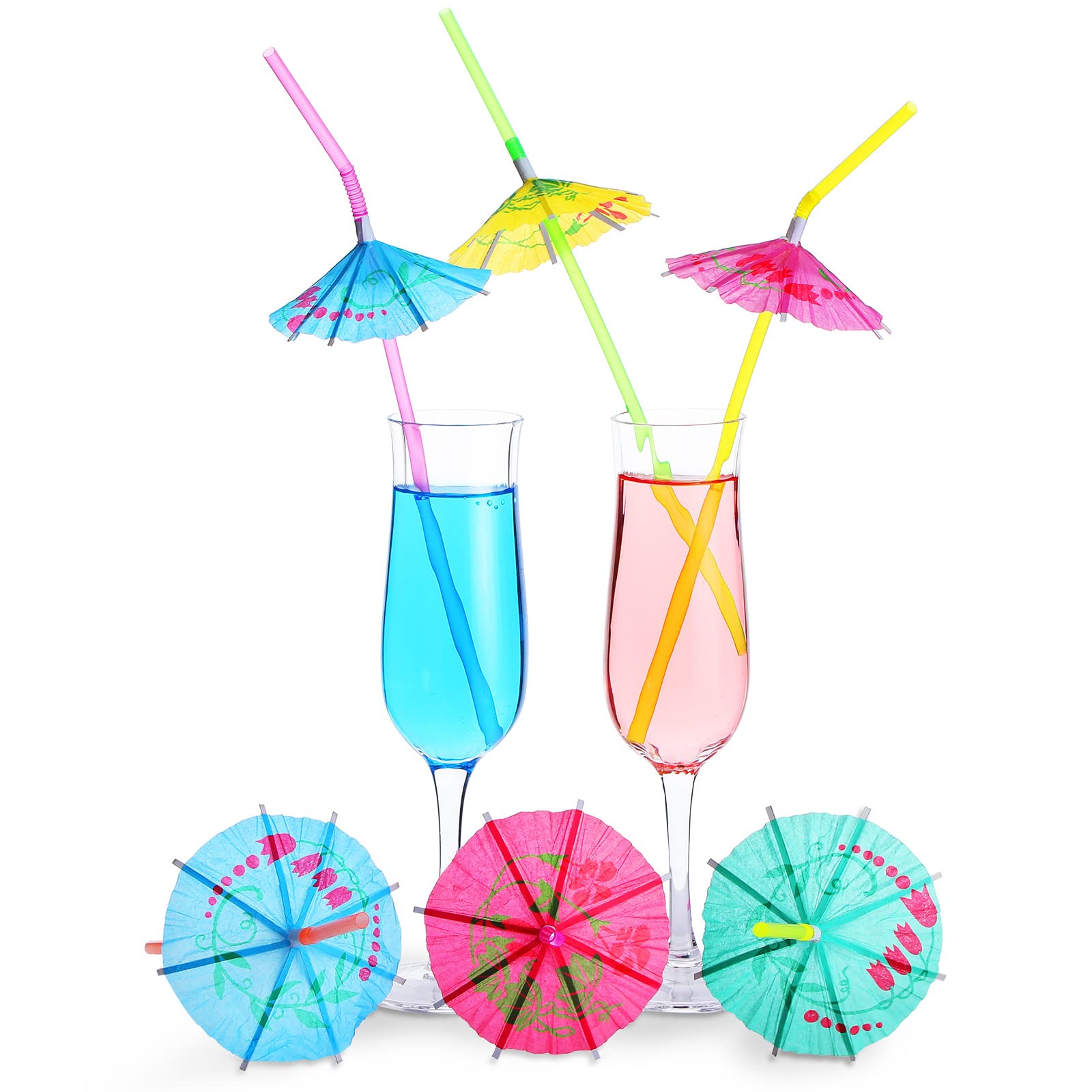 300 Pcs Umbrella Parasol Drinking Straws Luau Party Decorations Bendable Hawaiian Cocktail Straws with Umbrella Disposable Drinking Straws for Summer Beach, Hawaiian Party Decorations