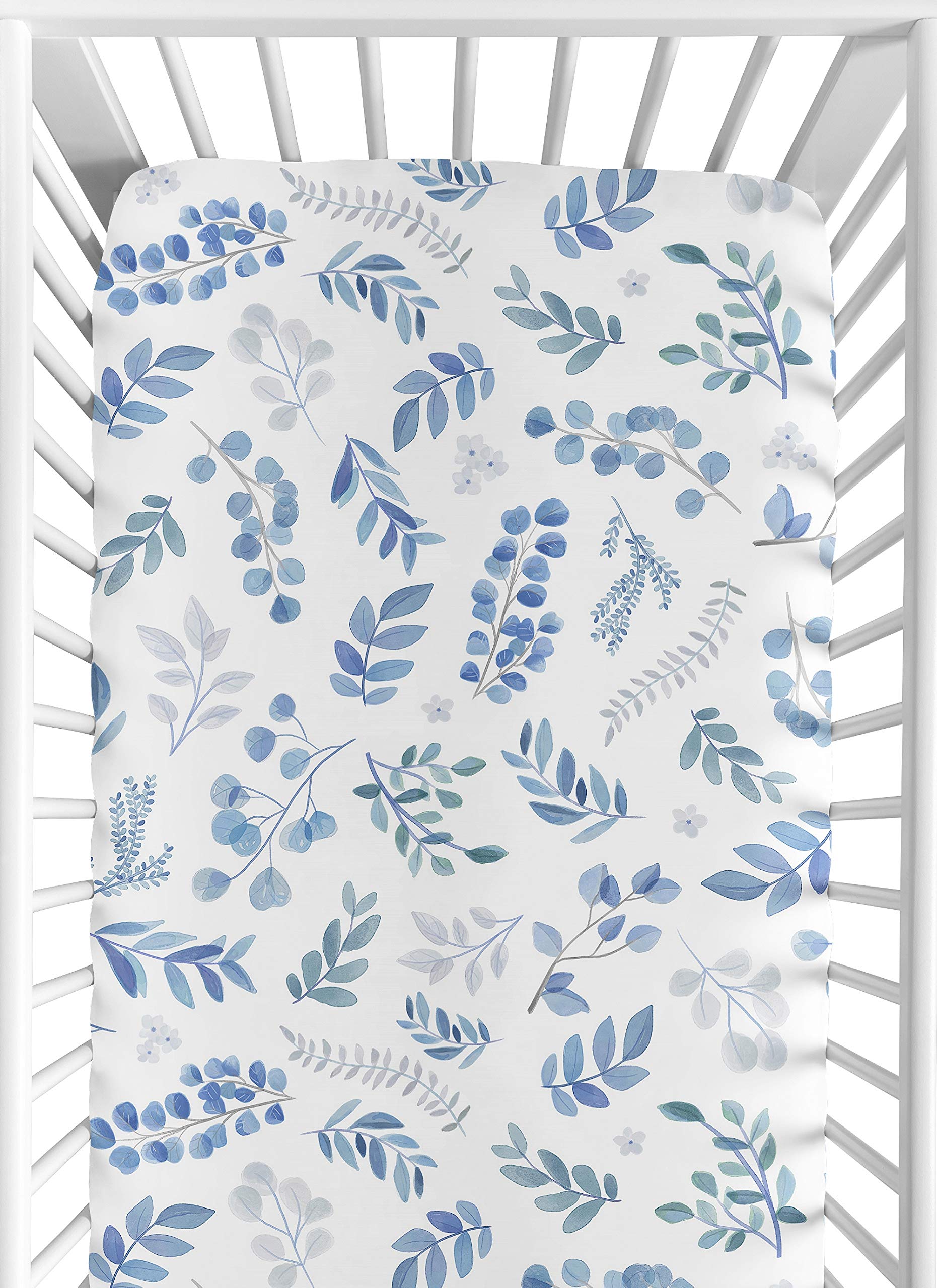 Sweet Jojo Designs Floral Leaf Boy or Girl Fitted Crib Sheet Baby or Toddler Bed Nursery - Blue Grey and White Boho Watercolor Botanical Flower Woodland Tropical Garden
