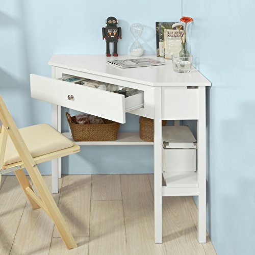 Haotian FWT31-W, White Corner Desk, Triangle Computer Desk with Drawer and Shelf, Home Office Desk, Computer Workstation