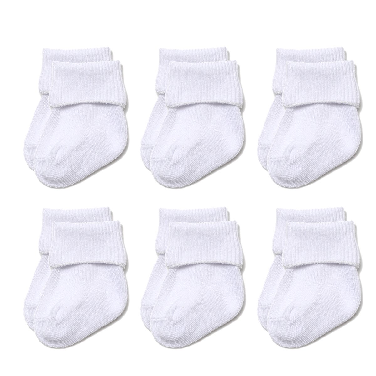 EPEIUS Unisex-Baby Socks Newborn Girl Seamless Turn Cuff Socks Cotton Rich Baby Boy Booties Socks White 6 Pair Pack,0-3 Months