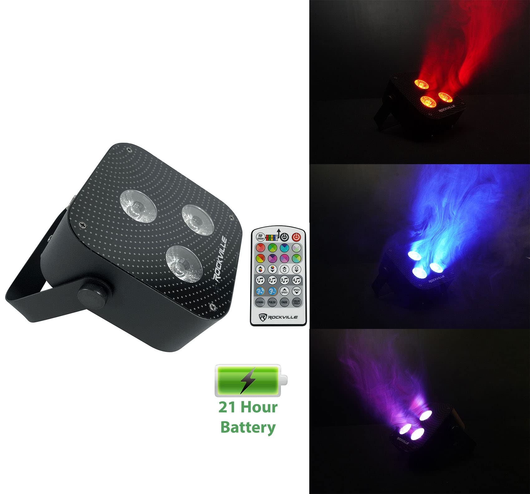 3 Rockville MINI RF3 Black RGBWA+UV DJ/Party LED Wash Lights+4-Ch. RF Par Remote