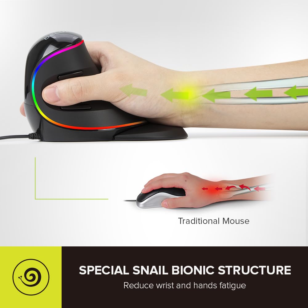 DeLUX Ergonomic Mouse, Wired Large RGB Vertical Mouse with 6 Buttons, 4000DPI, Removable Wrist Rest for Carpal Tunnel (M618Plus RGB-Wired)