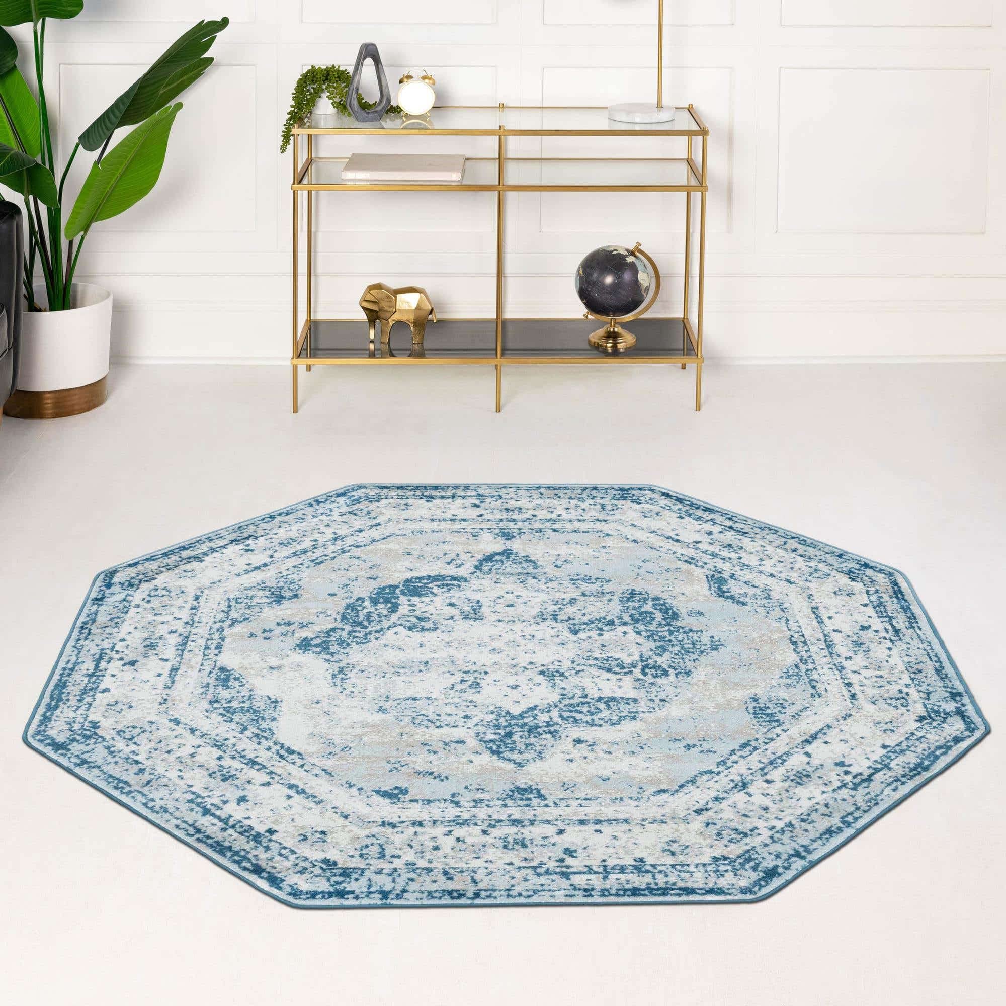 Rugs.com Monte Carlo Collection Rug β 4' Octagon Blue Medium Rug Perfect for Living Rooms, Kitchens, Entryways