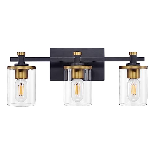 Atocif Bathroom Vanity Light 3-Light, Black and Gold Bathroom Light Fixtures with Clear Glass Shade, Vintage Bathroom Vanity Lights, Modern Wall Sconce for Bathroom, Living Room, Hallway, Bedroom
