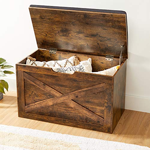 VASAGLE Padded Shoe Bench with Cushioned Seat, Storage Chest Cabinet, Barn-Door Style, 15.7 x 29.9 x 18.9 Inches, Rustic Brown