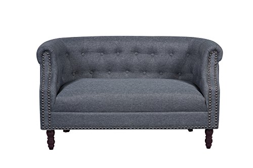 Container Furniture Direct Huton Collection Contemporary Upholstered Linen Wingback Loveseat with Solid Wood Frame and Button Tufted Details, Dark Grey