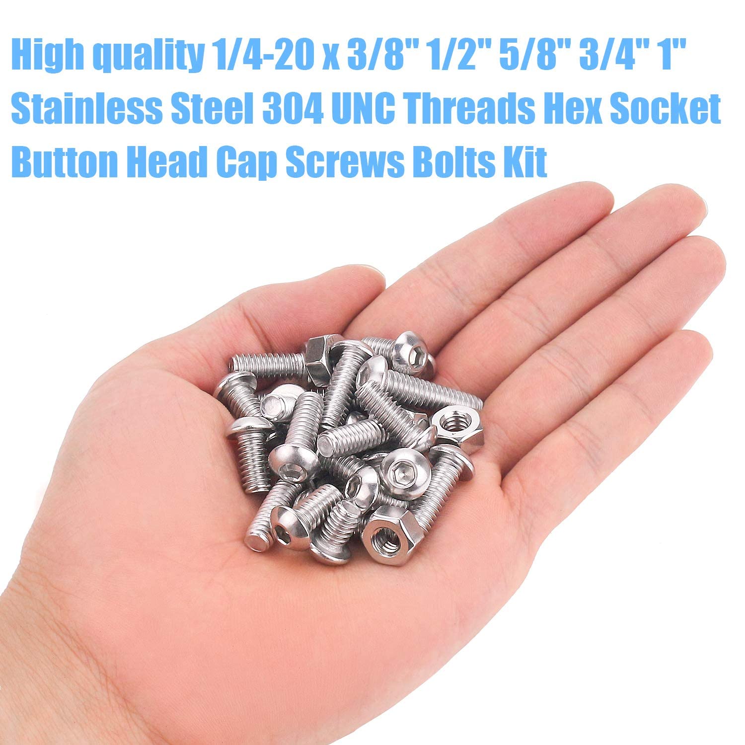 DYWISHKEY 60 Pieces 1/4-20 x 3/8" 1/2" 5/8" 3/4" 1" Stainless Steel 304 UNC Threads Hex Button Head Cap Screws Bolts and Nuts Assortment Kit with Hex Wrench