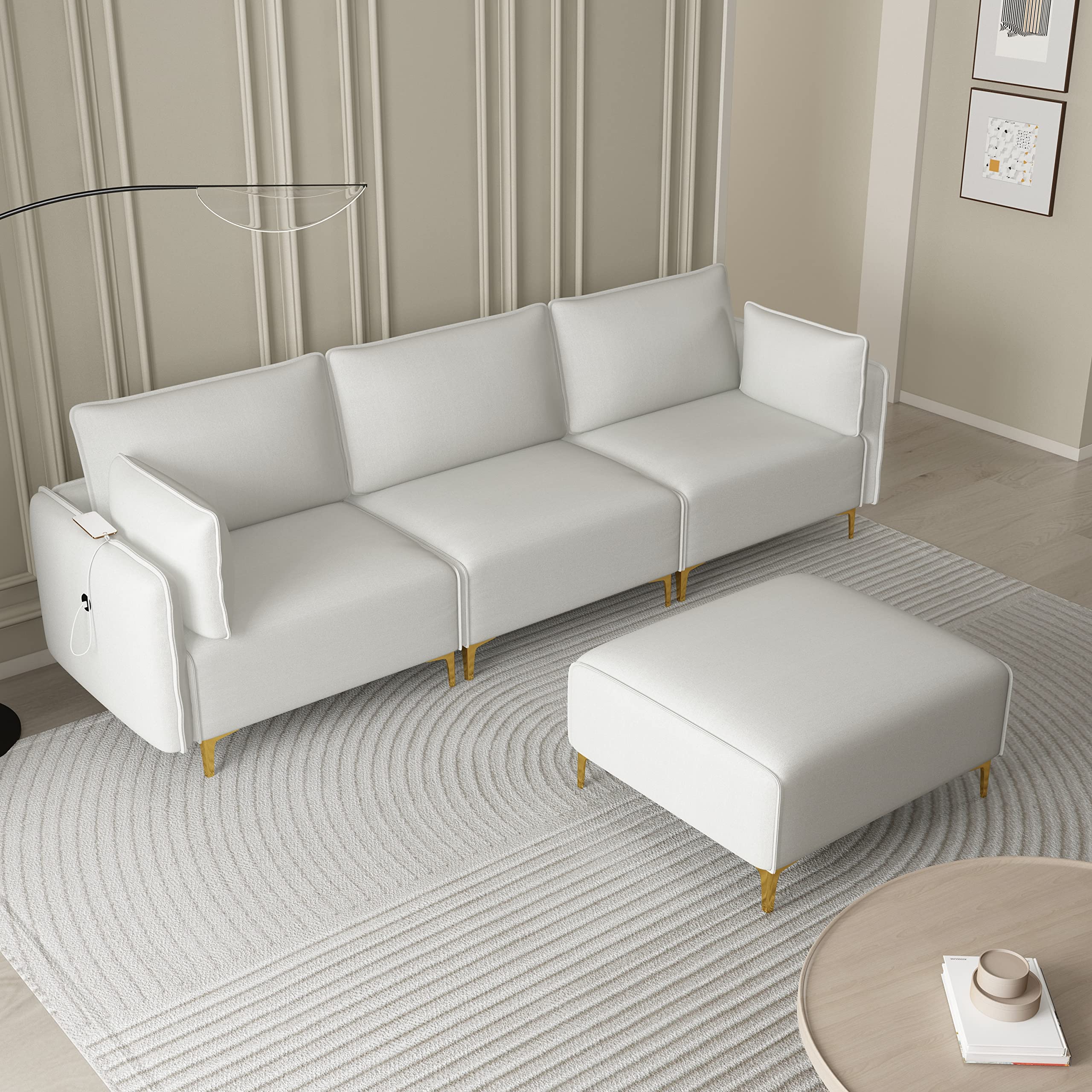 WILLIAMSPACE Convertible Sectional Sofa for Living Room, Modern Luxury L Shape Couch with USB & Magazine Bag, 4 Seat Fabric Sofa with Metal Legs (Beige)