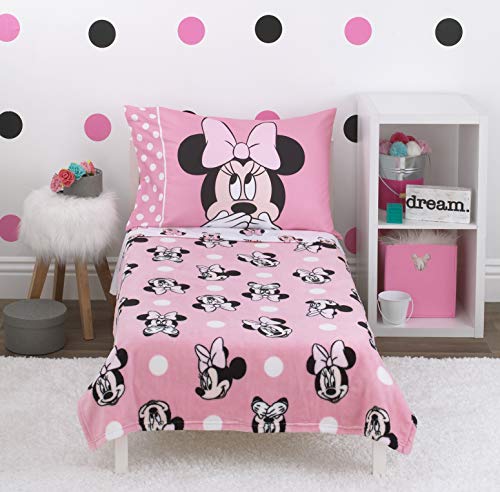Disney Minnie Mouse - Blushing Minnie - 4 Piece Toddler Bed Set - Coral Fleece Toddler Blanket, Fitted Bottom Sheet, Flat Top Sheet, Standard Size Pillowcase