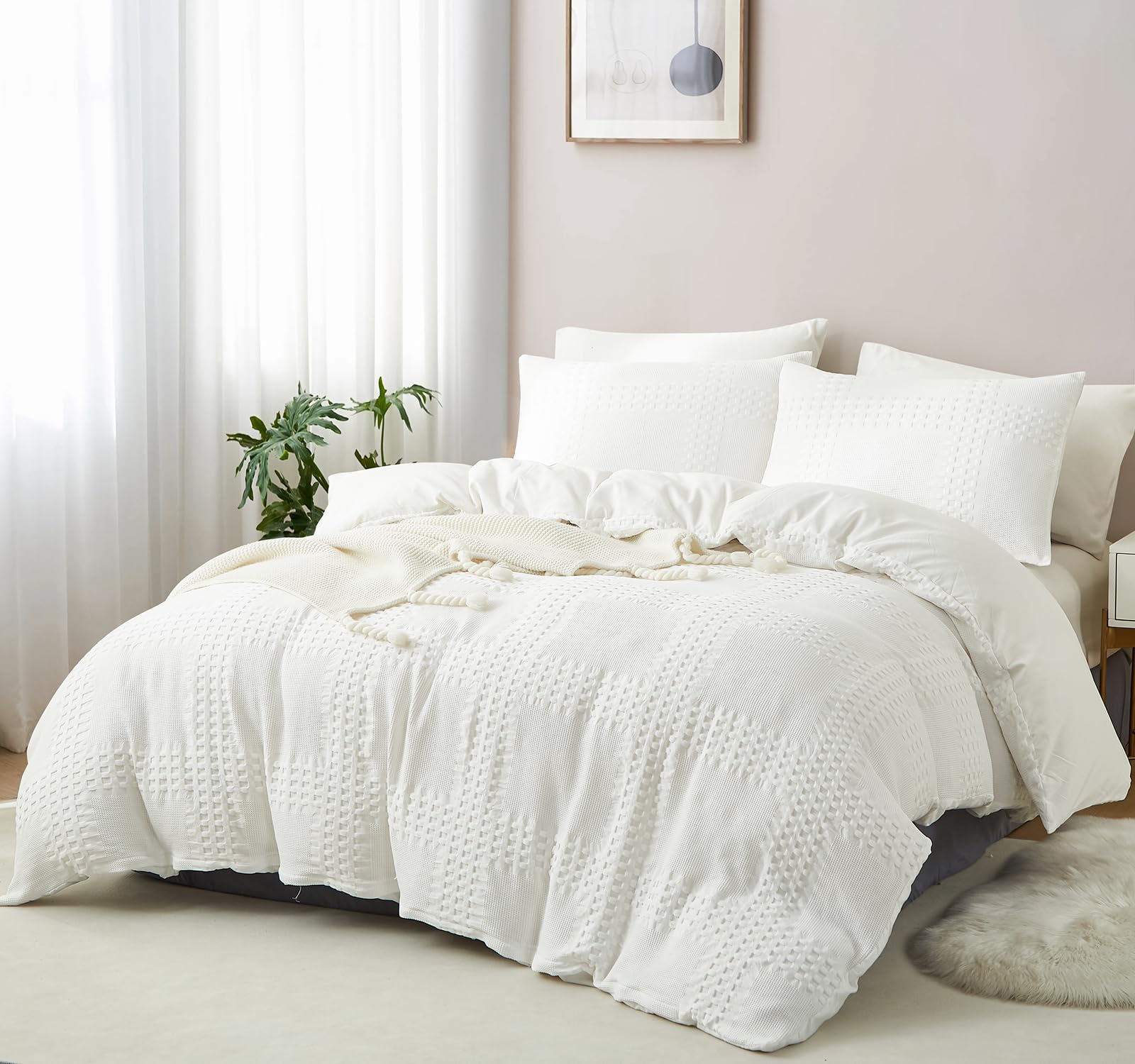 Sedefen White Waffle Duvet Cover King Size Shabby Chic Boho Square Textured Pattern 3 Pieces Soft Microfiber Bedding Duvet Cover Set Gift Choice Home Decrative